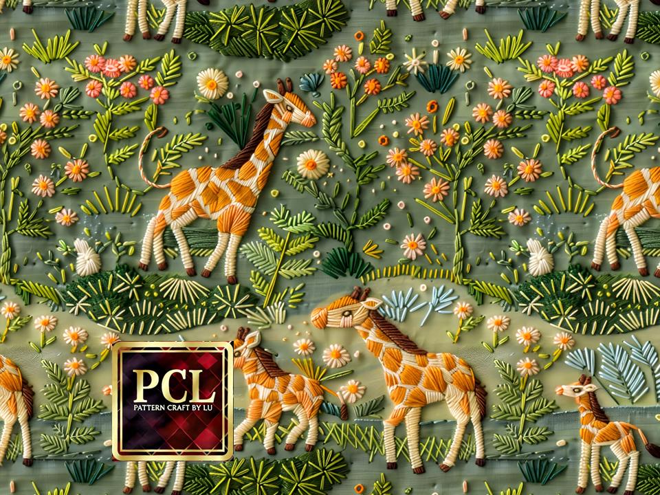Embroidered Giraffe Safari Pattern: Seamless Fabric Design (digital ...