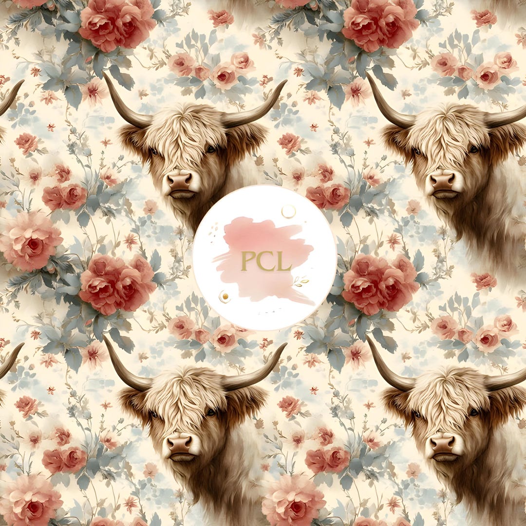 Highland Cow Pattern, Vintage Floral Digital Paper, Rustic Farmhouse ...