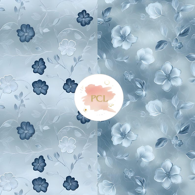 Pastel Blue Floral Seamless Pattern Set, Elegant Digital Paper (JPG ...