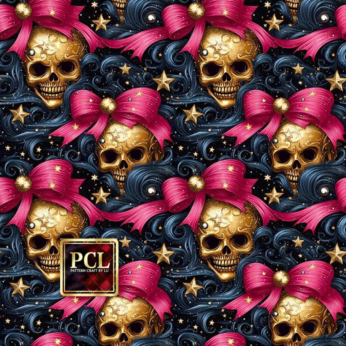 Gold Skull With Pink Bow Seamless Pattern – Gothic Glam Halloween ...