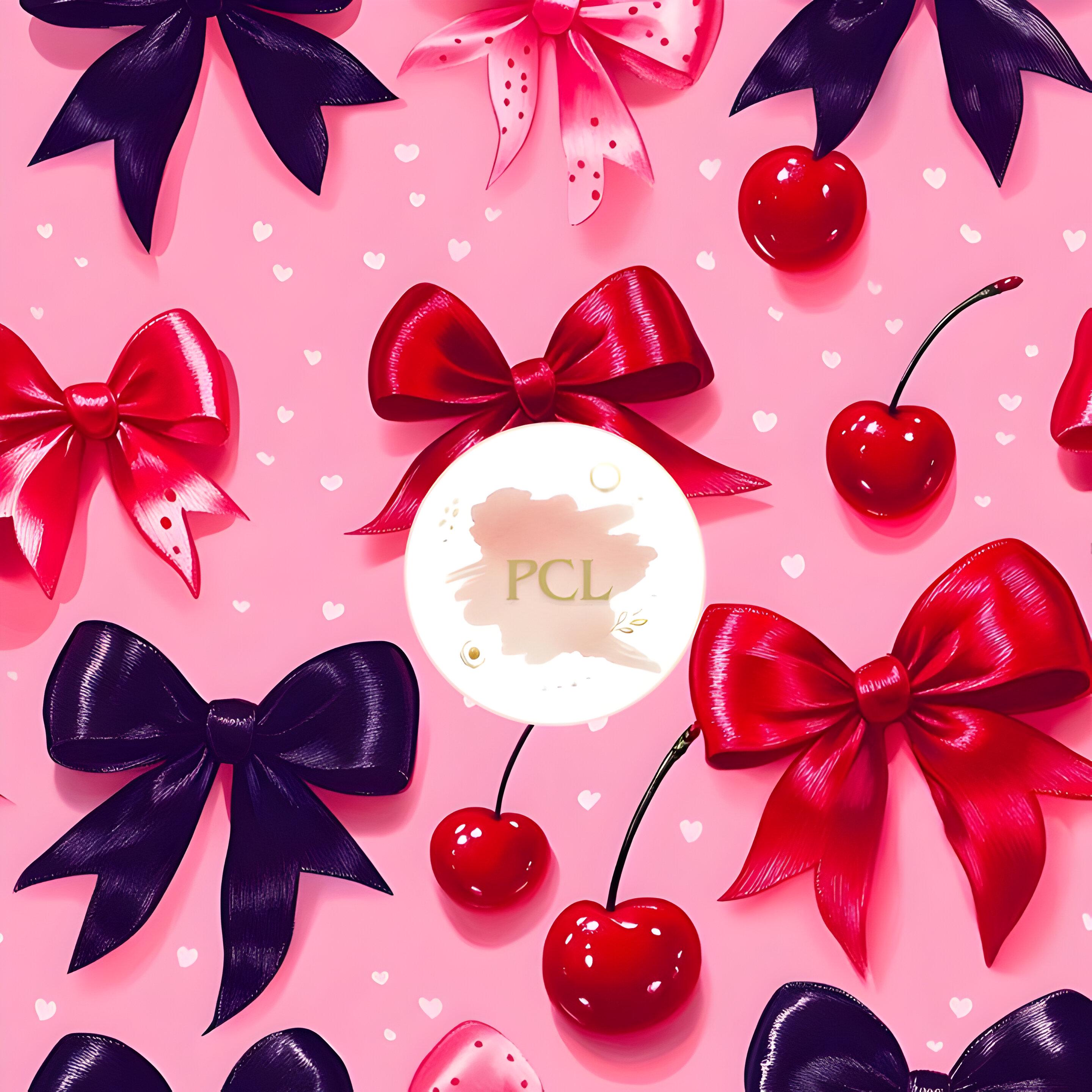 Cherry Bow Digital Paper, Seamless Pink Background With Red and Black ...