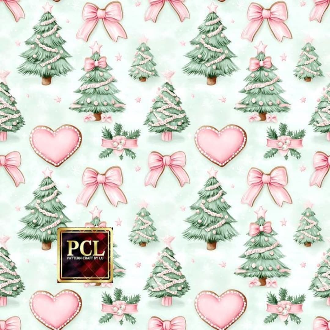 Retro Pastel Pink Christmas Tree Seamless File, Holiday Bow and Heart ...