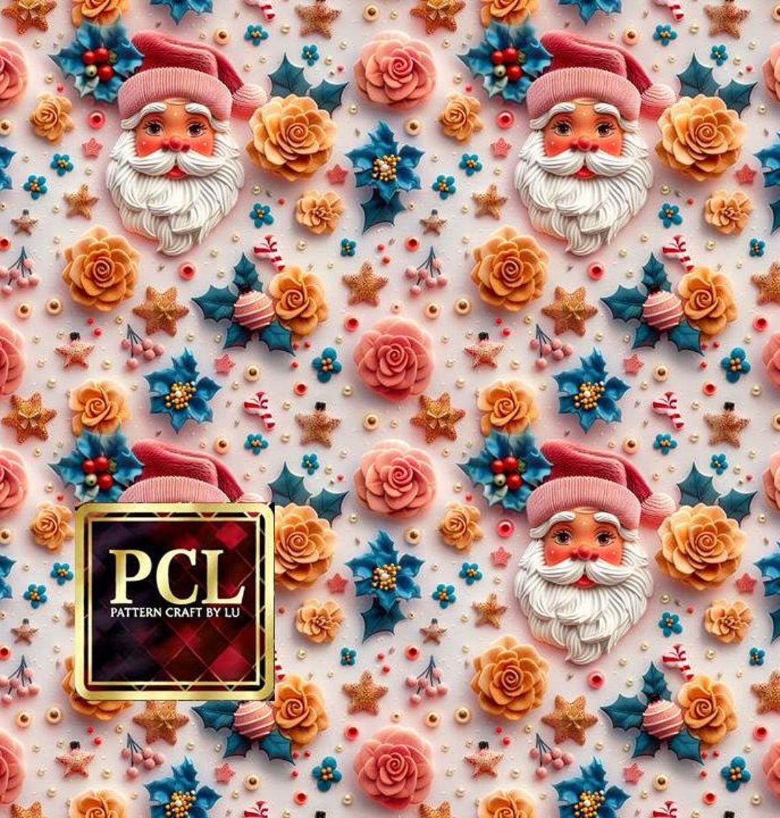 Vintage 3D Santa and Floral Christmas Pattern - Festive Seamless ...