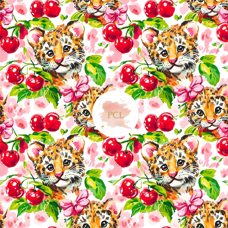 Coquette Tiger Cherry Seamless Pattern, Cute Watercolor Animal Print ...
