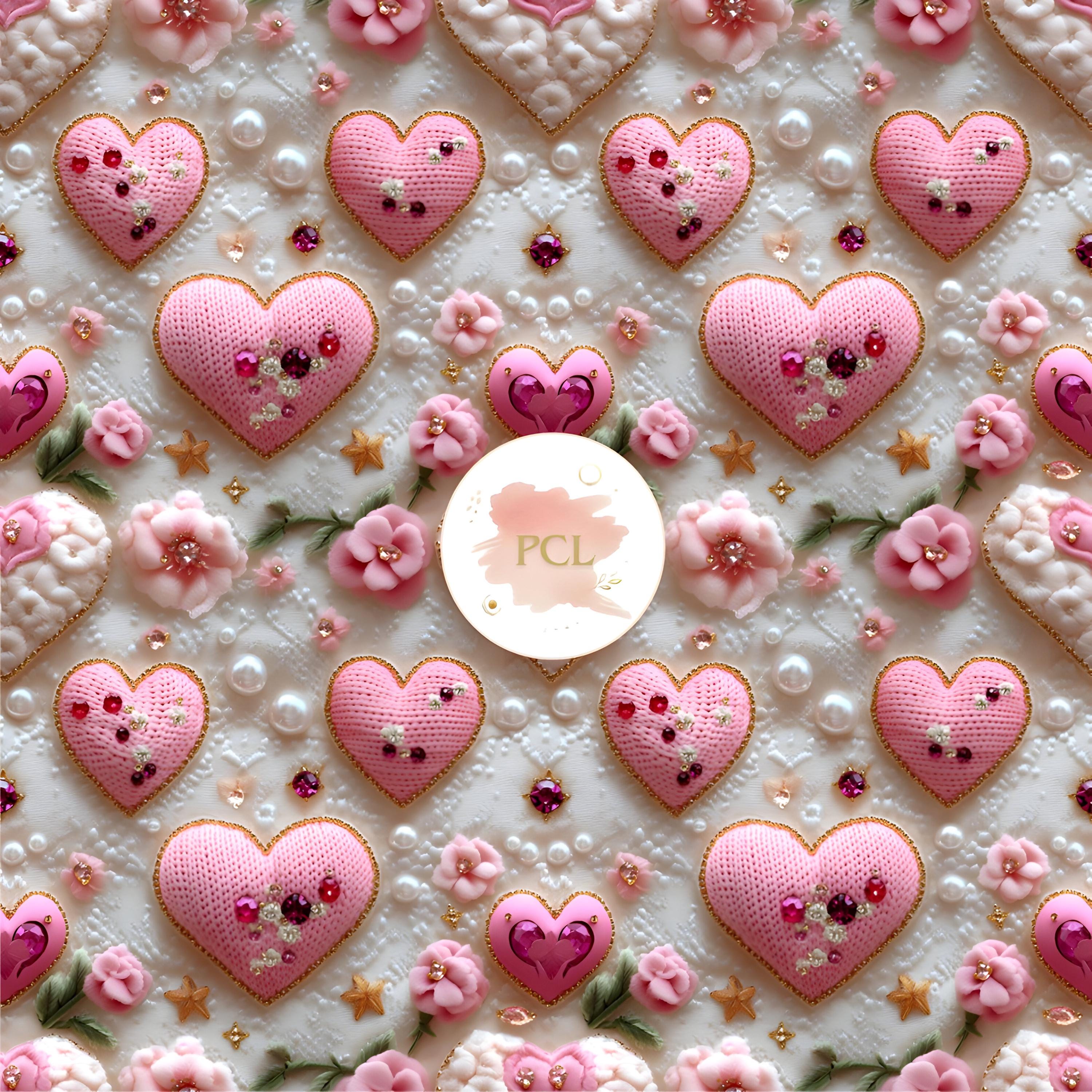 3D Pink Hearts Seamless Pattern, Pink Embroidered Heart Digital Paper ...