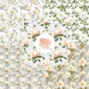 Magnolia Digital Paper Set, Botanical Floral Patterns, Pastel White ...