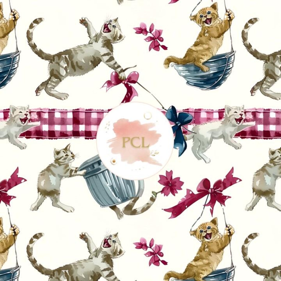 Playful Kittens Seamless Digital Paper, Vintage Cat Pattern, Gingham ...
