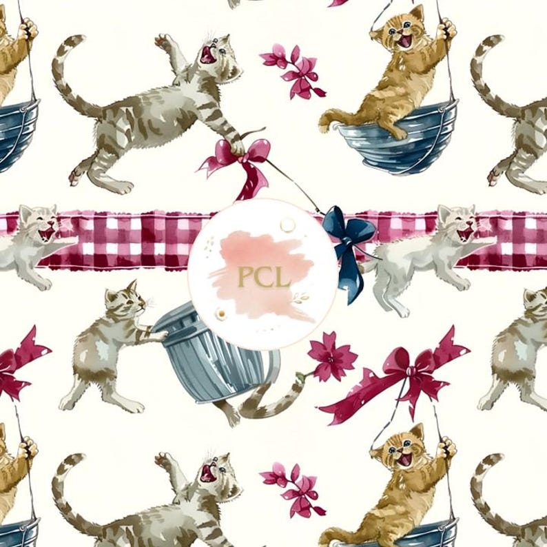 Playful Kittens Seamless Digital Paper, Vintage Cat Pattern, Gingham ...