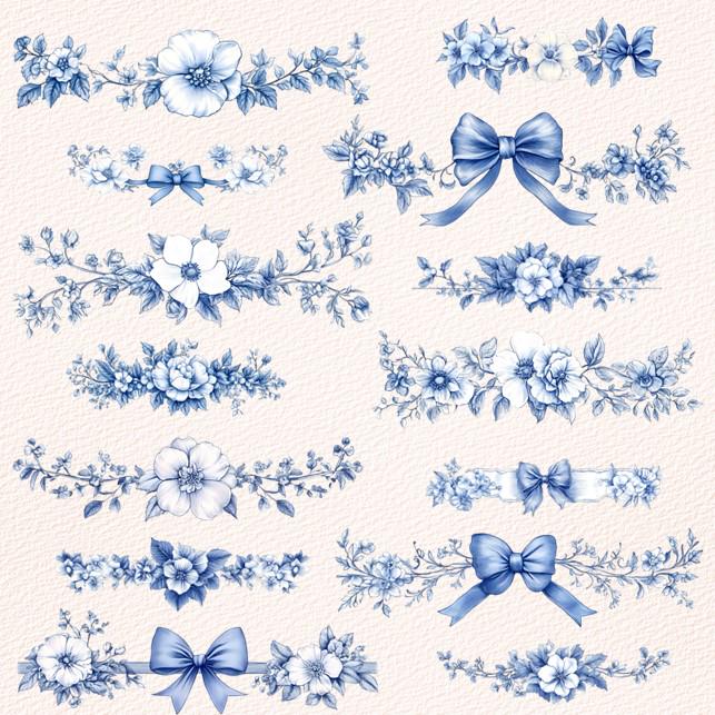 Blue Toile Flower Frame and Border Clipart Set, Floral Page Borders PNG ...
