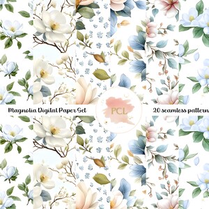 Magnolia Digital Paper Set, Botanical Floral Patterns, Pastel White ...