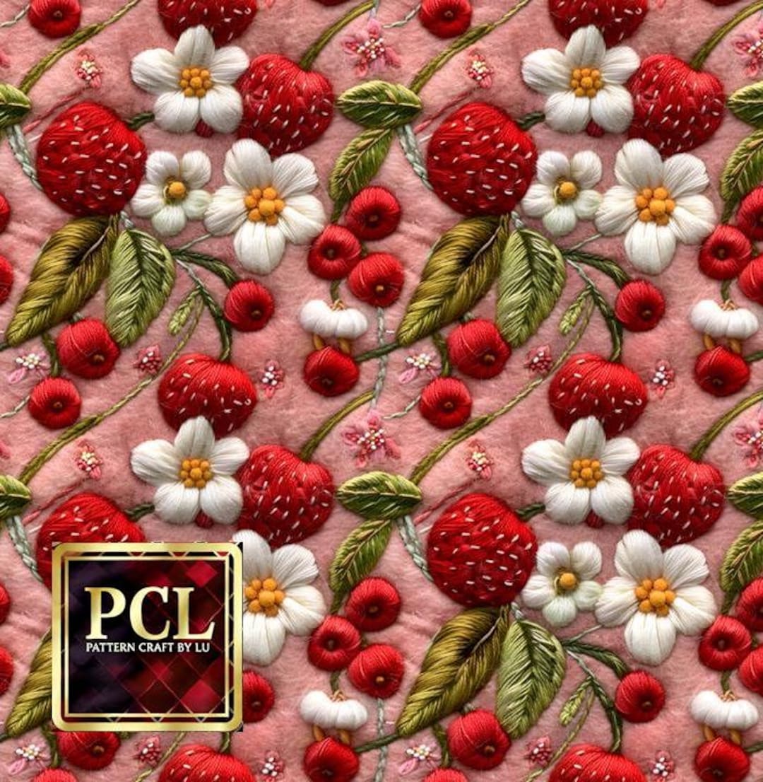 3D Felted Strawberry and Flower Pattern, Seamless Design, Repeating ...