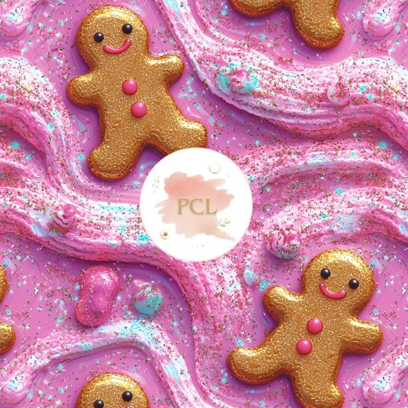 Cute Gingerbread Man Christmas Clipart Seamless Pattern, Pink Glitter ...