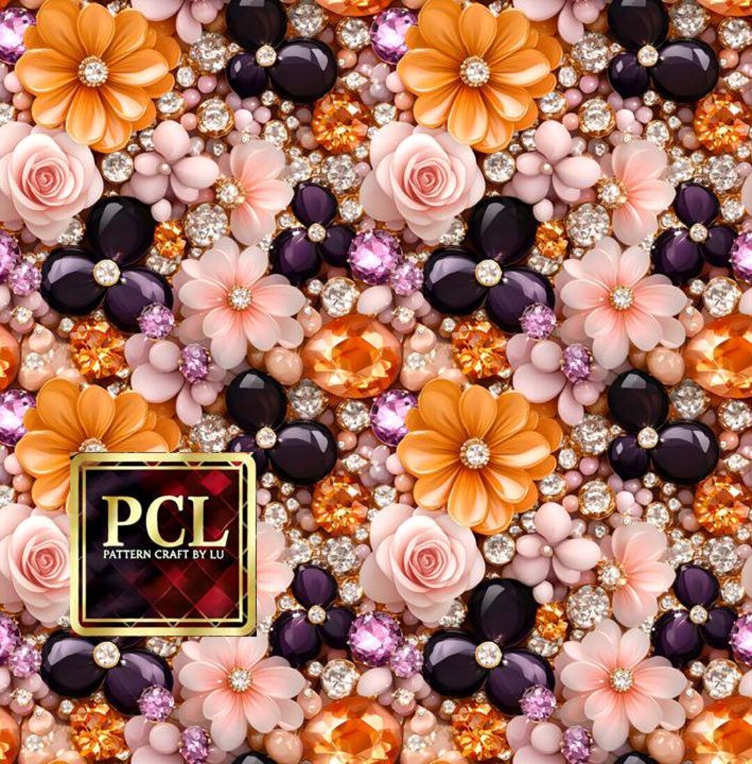 3D Gemstone Floral Seamless Pattern, Jewel Embellished Roses and Blooms ...