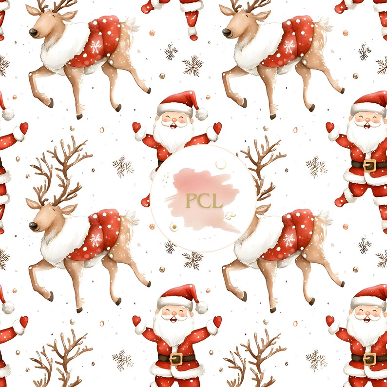 Watercolor Santa & Reindeer Digital Paper, Seamless Festive Christmas ...