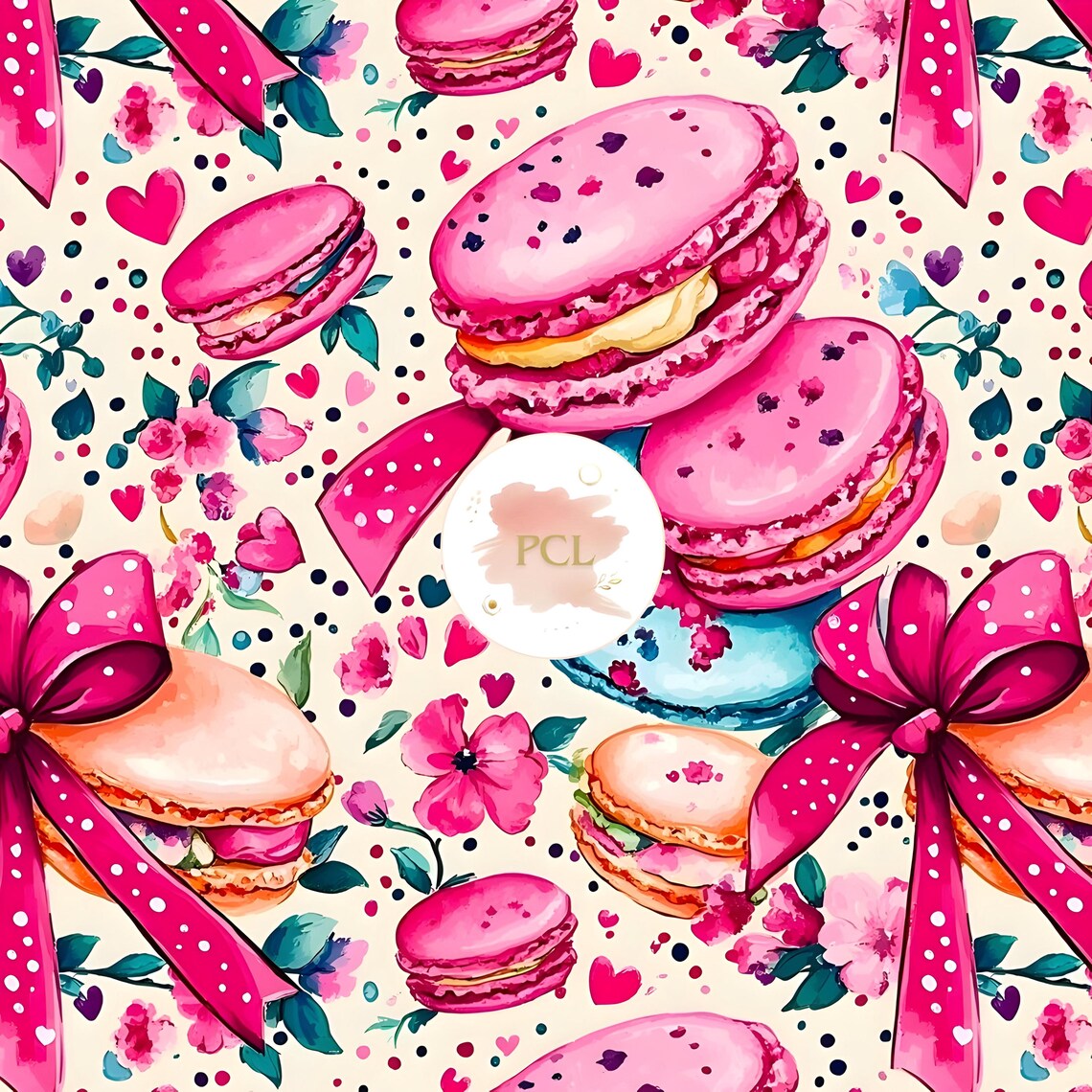 Macaron and Bow Seamless Pattern, Watercolor Dessert Digital Paper ...