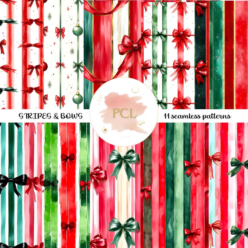 Watercolor Christmas Digital Paper Set - Holiday Striped Patterns ...