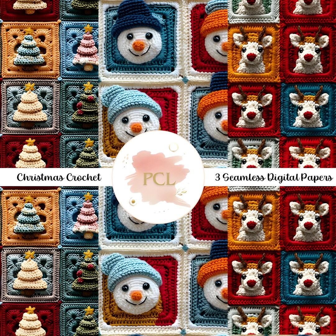 3D Crochet Christmas Digital Paper - Reindeer, Snowman & Tree Patterns ...