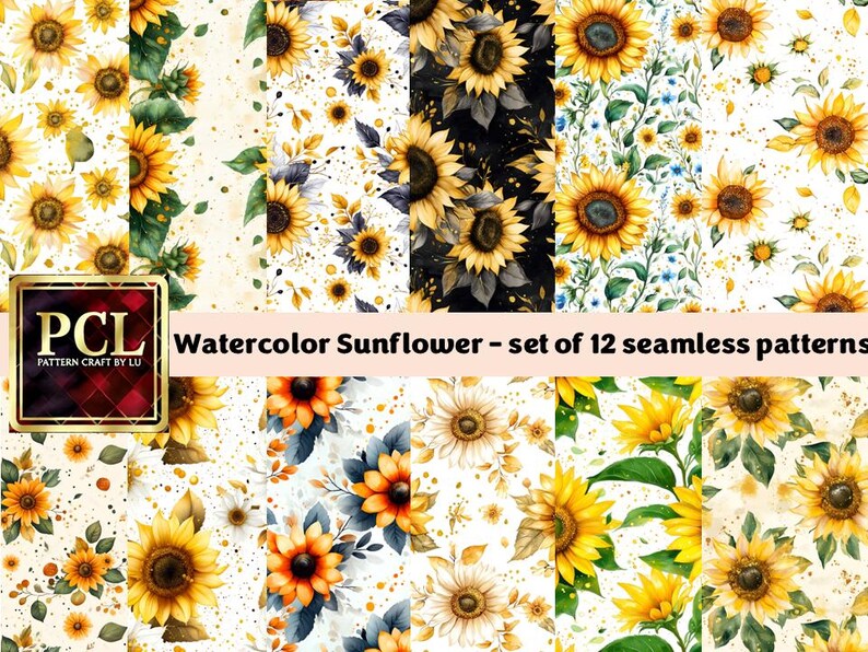 Watercolor Sunflower Patterns, Floral Seamless Digital Paper, Sunflower ...