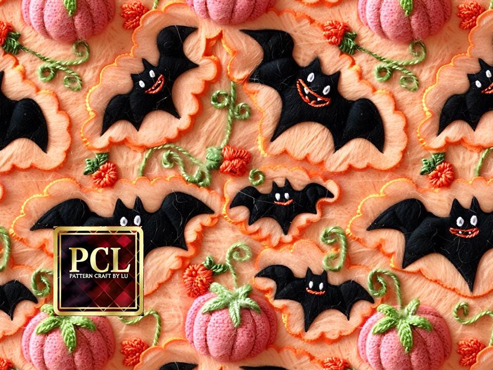 3D Halloween Bat and Pumpkin Embroidery Pattern: Seamless Fabric ...