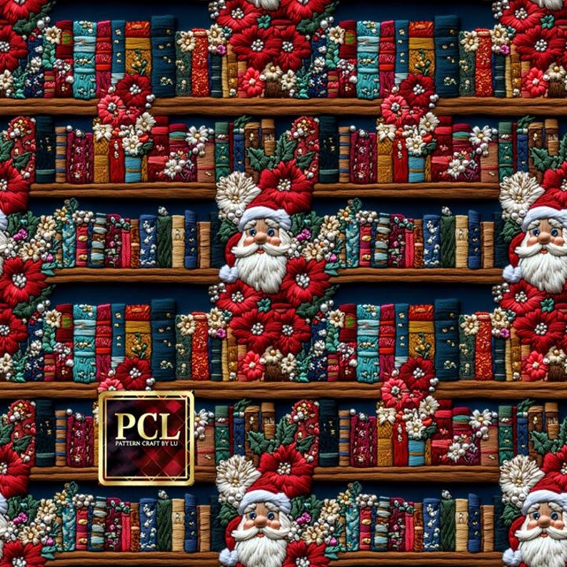 Embroidered Santa Bookshelf Christmas Pattern – Vintage Books ...
