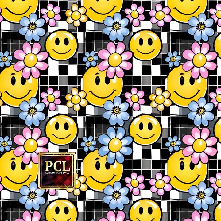 Smiley Face and Flower Checkered Seamless File, Retro 70s Pattern, Cute ...