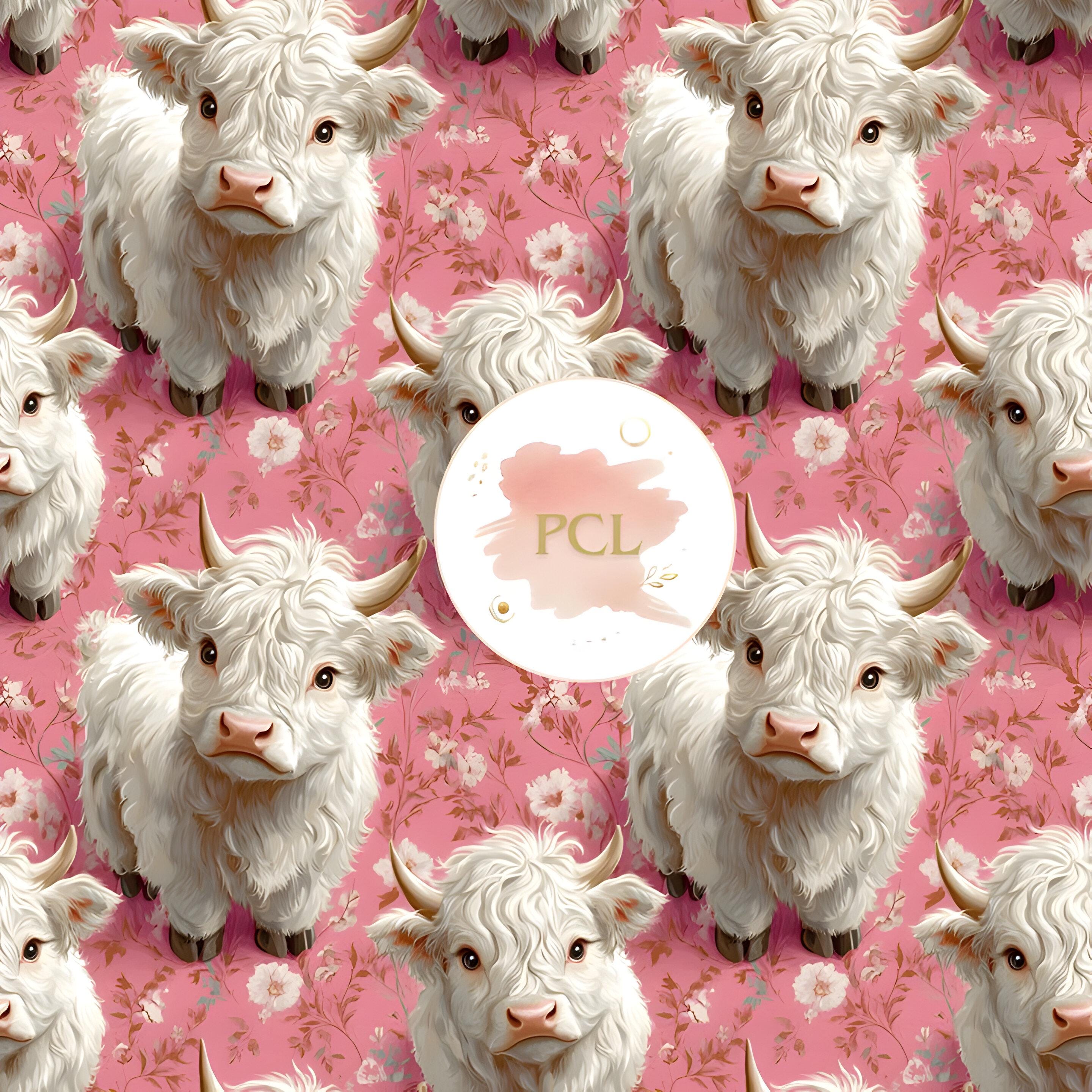 Cute Cow Digital Paper, Highland Cow Fabric Pattern, Pink Floral ...
