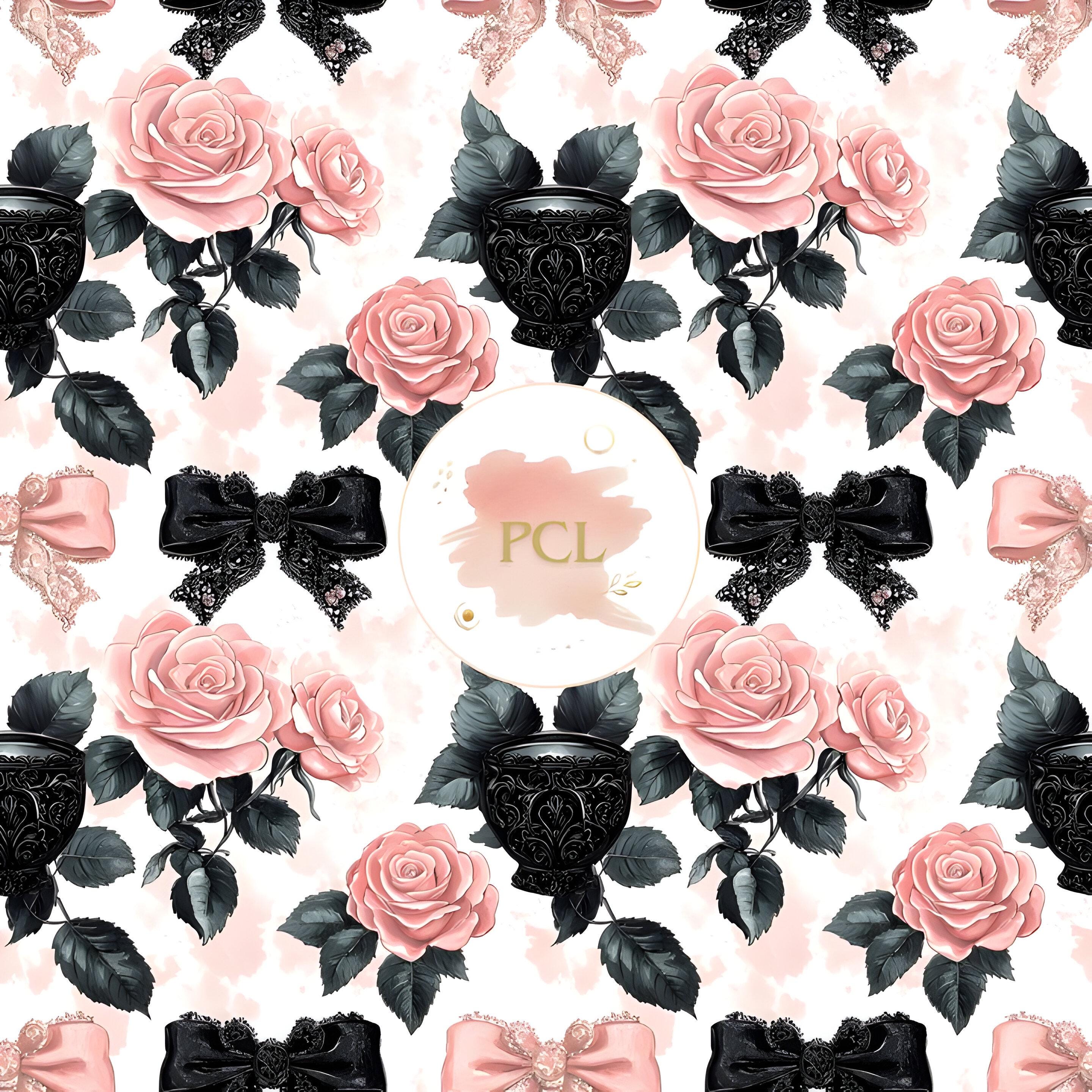 Gothic Rose Digital Paper, Pink Roses & Black Lace Seamless Pattern ...