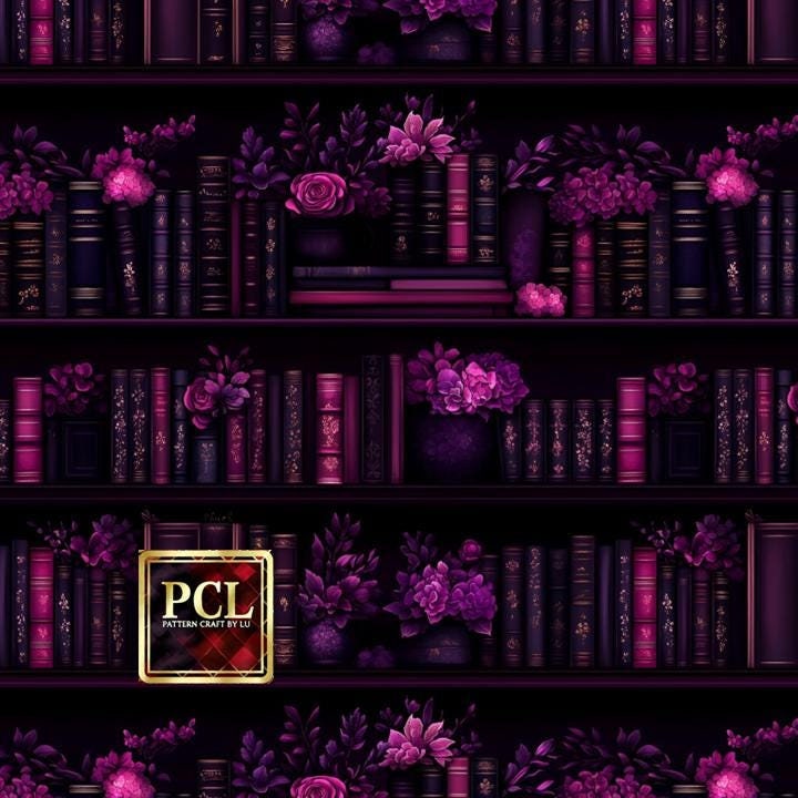 Dark Purple Bookshelf Floral Pattern, Vintage Book Wallpaper, Elegant ...