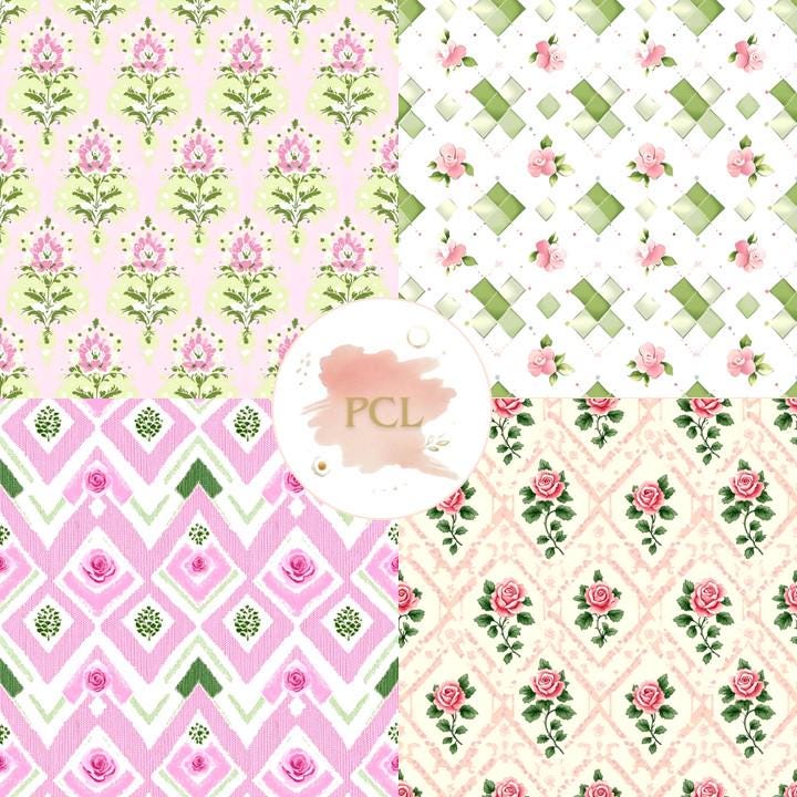 Shabby Chic Pink and Green Digital Paper, Floral Rose Seamless Patterns ...