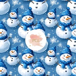 Watercolor Snowman Digital Paper, Cute Winter Seamless Pattern, Blue ...