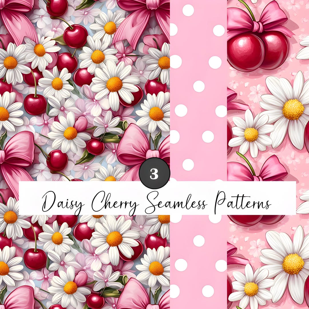 Daisy Cherry Pink Polka Dot Seamless Digital Patterns. Cute Spring ...