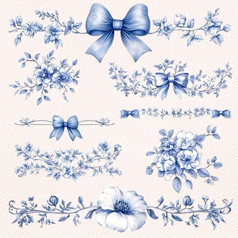 Blue Toile Flower Frame and Border Clipart Set, Floral Page Borders PNG ...