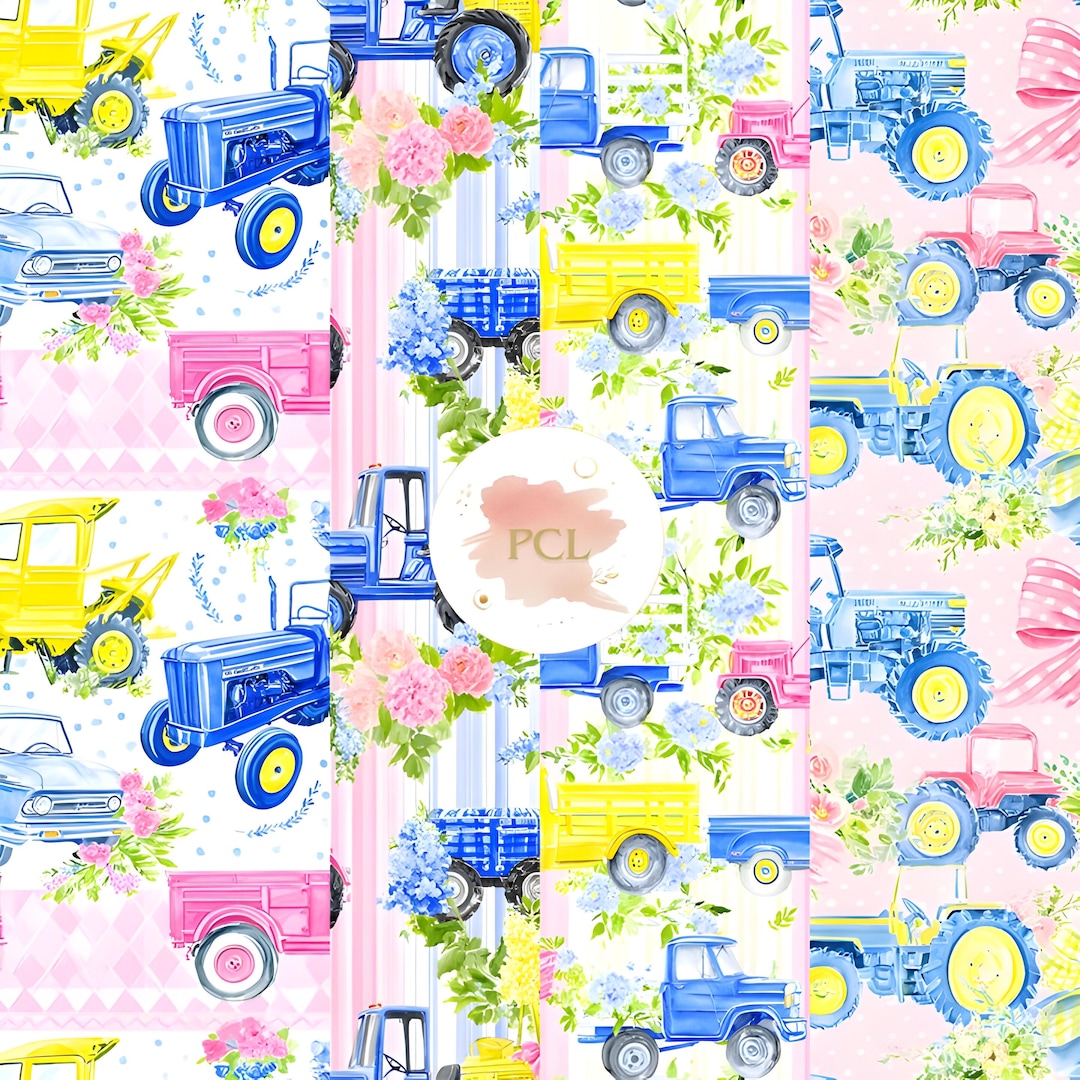 Watercolor Tractor Seamless Patterns: Pastel Farm Vehicle Digital Paper ...