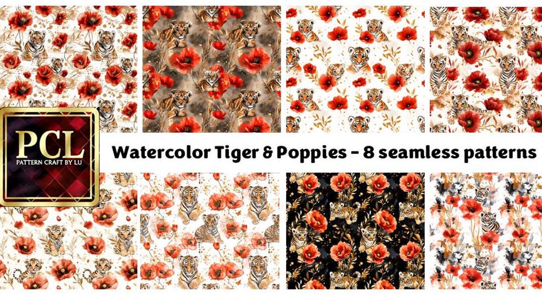 Watercolor Tiger With Poppies Patterns, Floral Jungle Seamless Digital ...