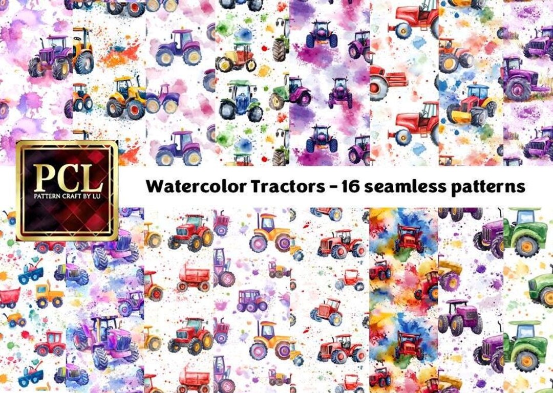 Watercolor Tractor Patterns: Farm Vehicle Seamless Digital Paper ...