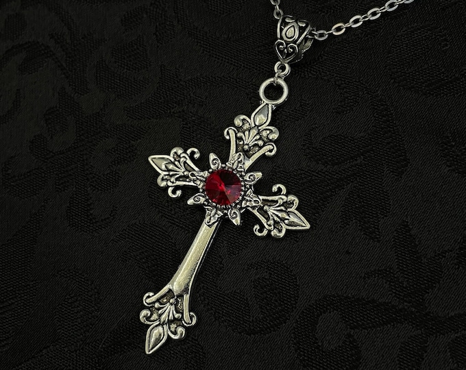 Dark Ruby Red Antiqued Silver Cross Crucifix Gothic Victorian Vampire Goth Necklace Choker ...