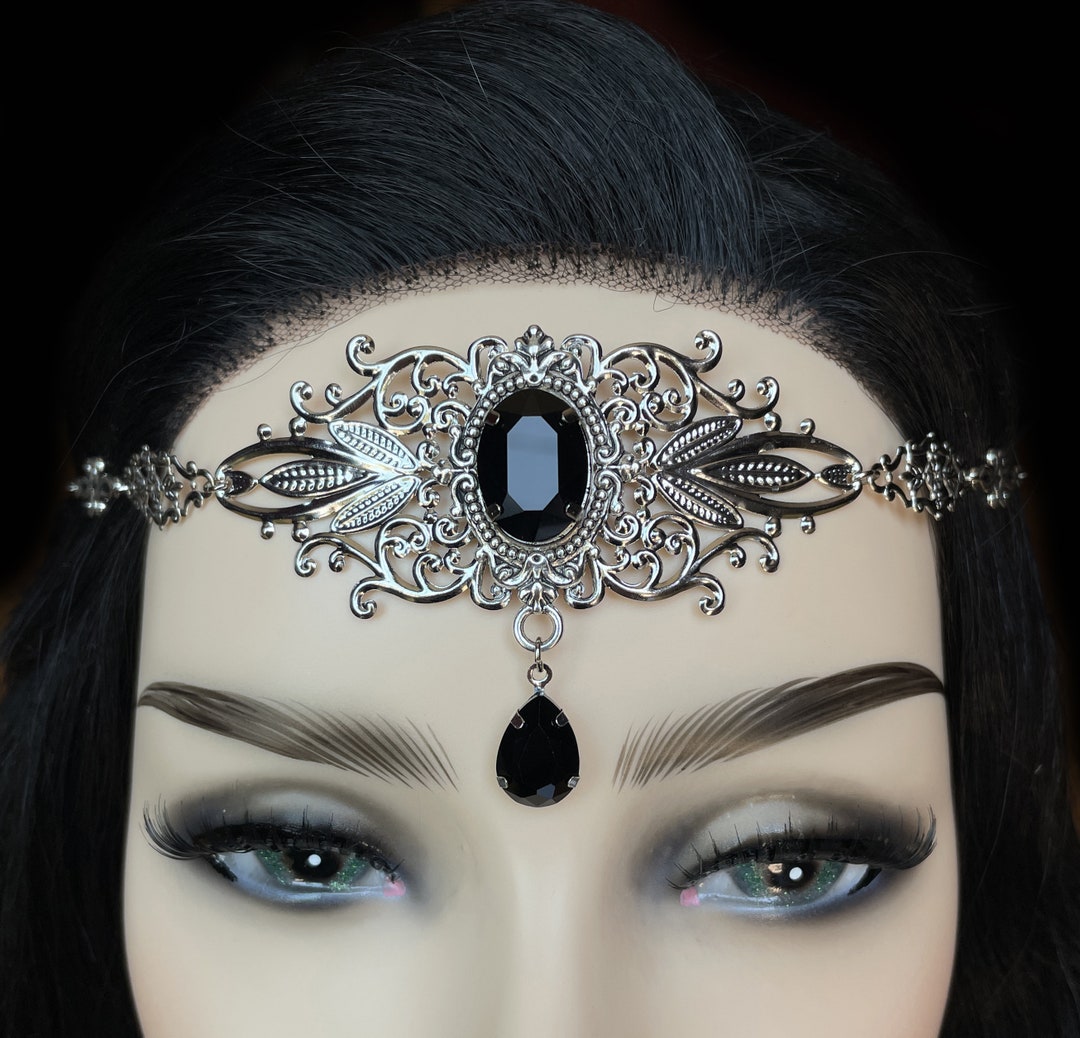 Jet Black Onyx Silver Filigree Elf Princess Queen Priestess Gothic Leaf ...