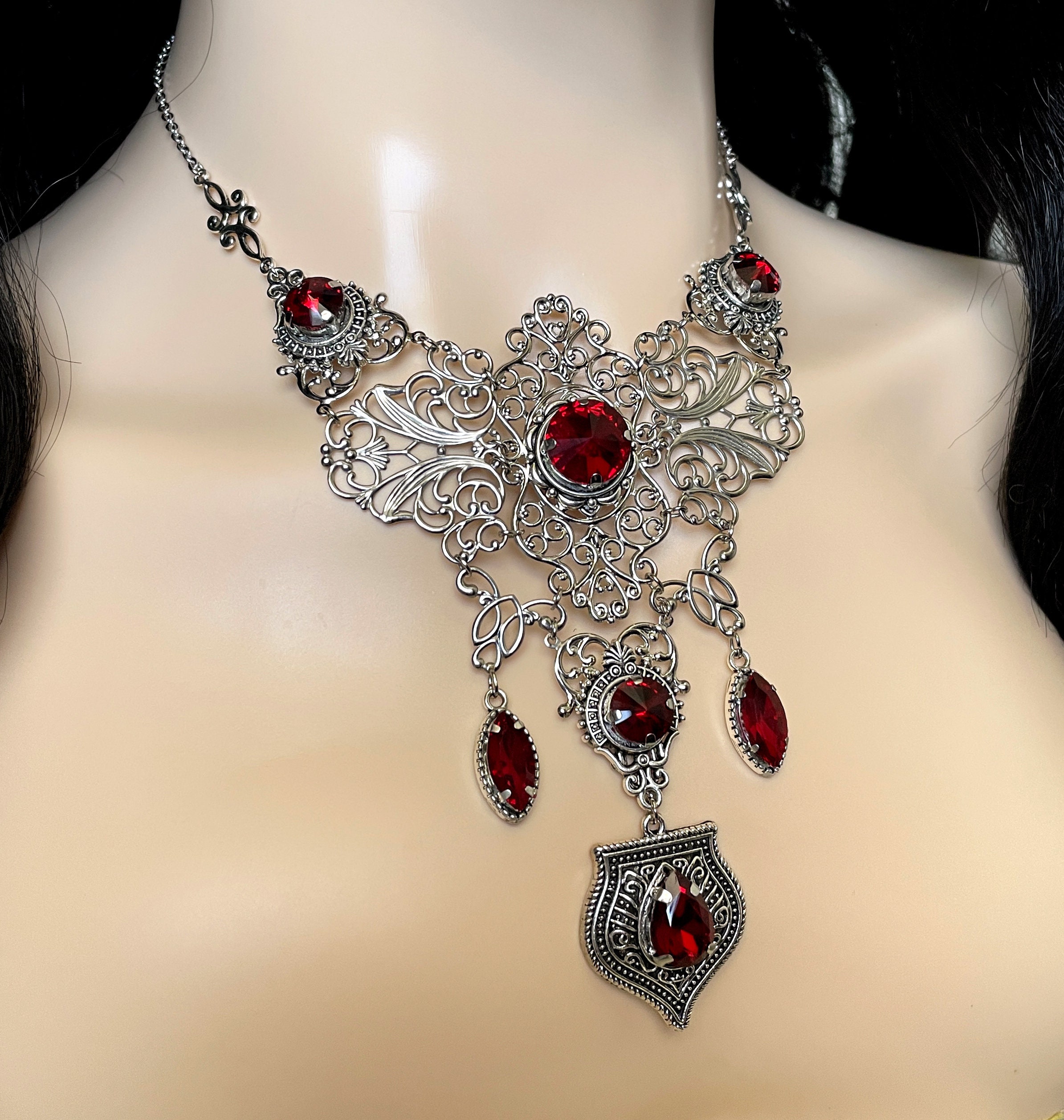 Dark Ruby Red/garnet Gothic Antique Silver Filigree Victorian Wedding ...