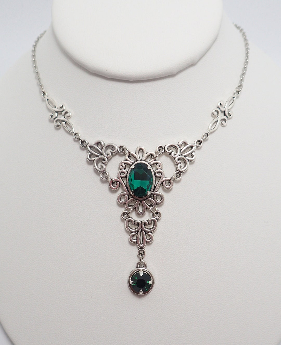 Emerald Green Antiqued Silver Necklace Choker Filigree Elven Elf Elvish ...