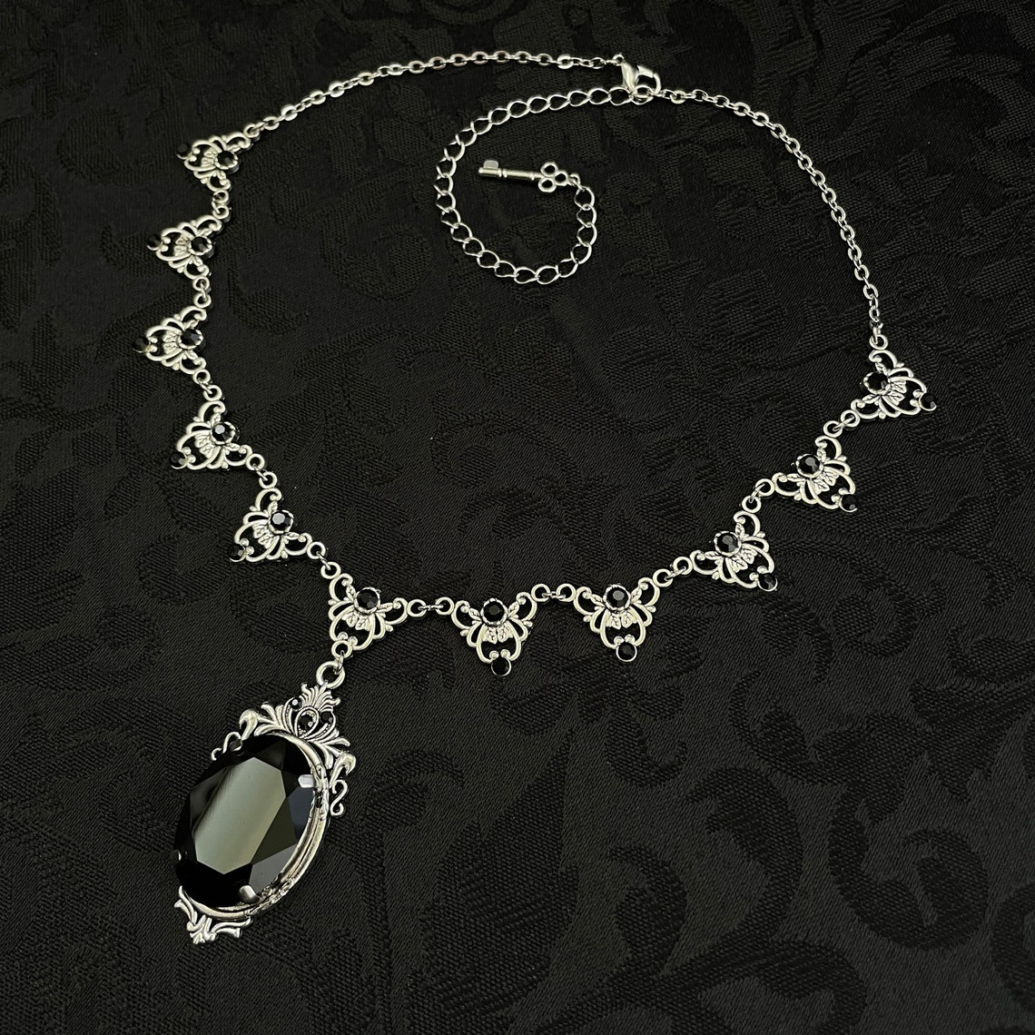 Jet Black Onyx Gothic Antique Silver Filigree Victorian Wedding Bridal ...