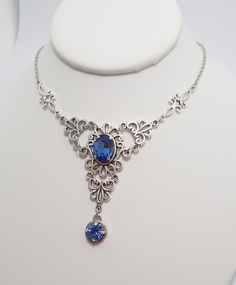 Sapphire Blue Antiqued Silver Necklace Choker Filigree Elven - Etsy