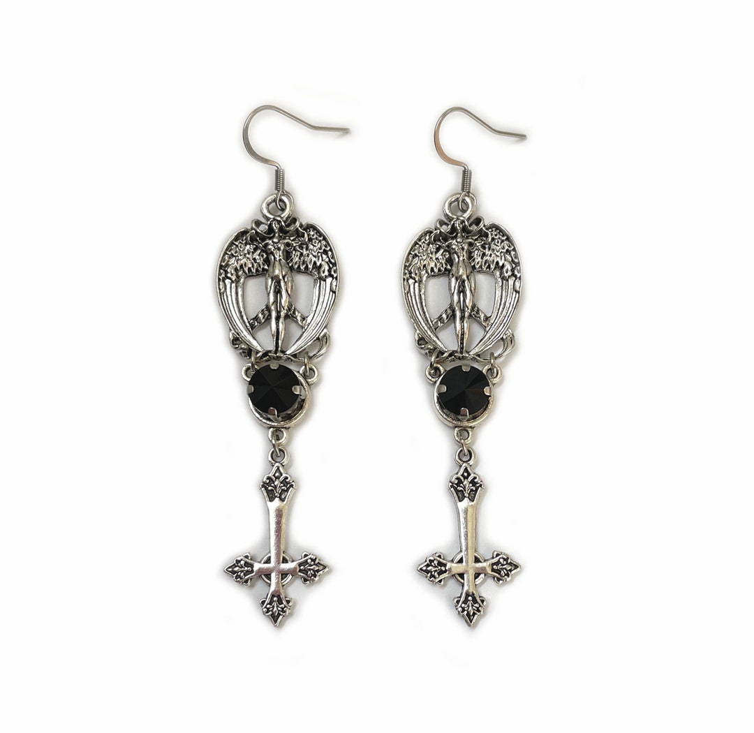 Jet Black Onyx Dark Fallen Angel Inverted Cross Crucifix Lucifer Devil ...