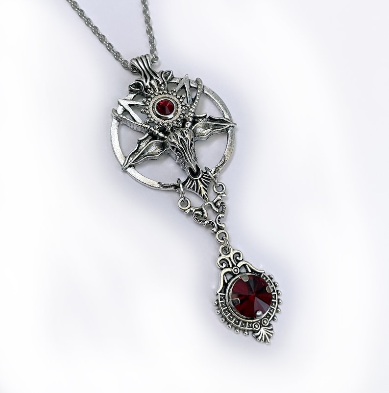 Dark Ruby Red Antique Silver Gothic Filigree Baphomet Sigil Pagan Idol ...
