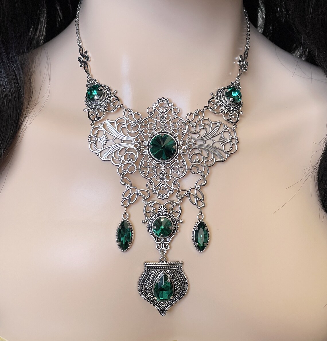 Emerald Green Gothic Antique Silver Filigree Goth Victorian | Etsy