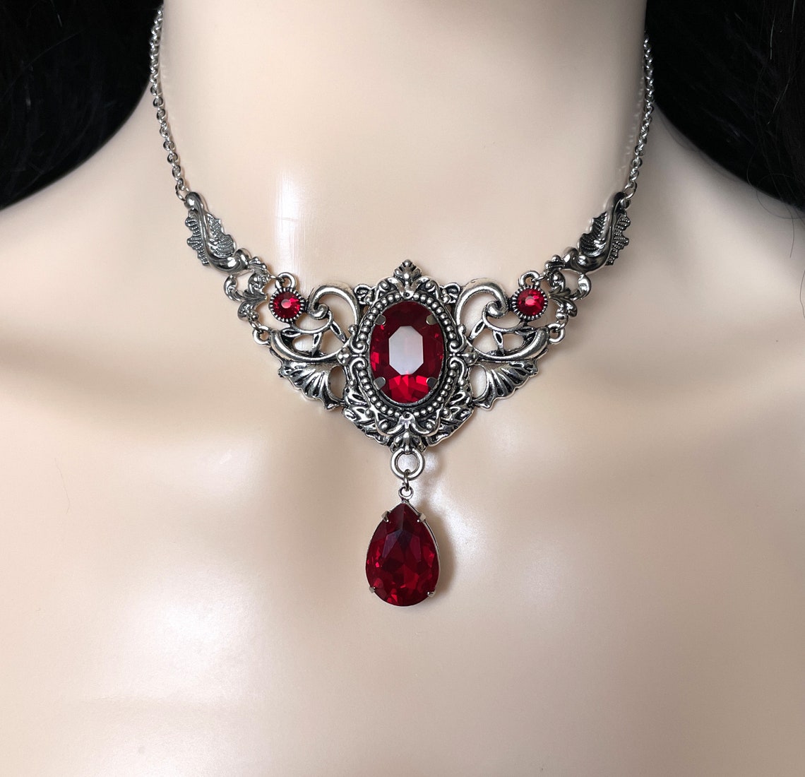 Dark Ruby Red/garnet Gothic Antique Silver Filigree Victorian | Etsy