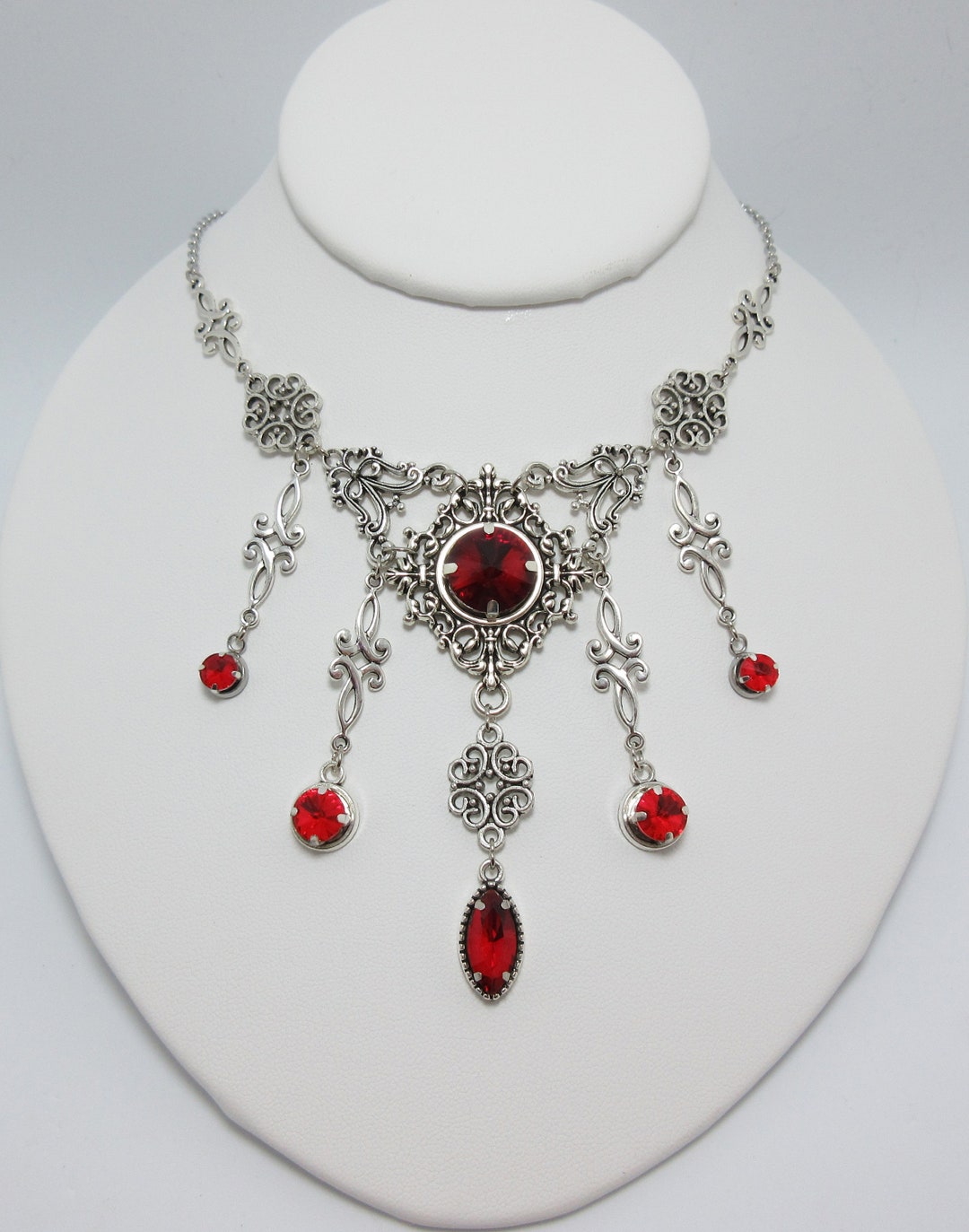 Ruby Red Stones Gothic Antiqued Silver Necklace Choker Bib Filigree ...