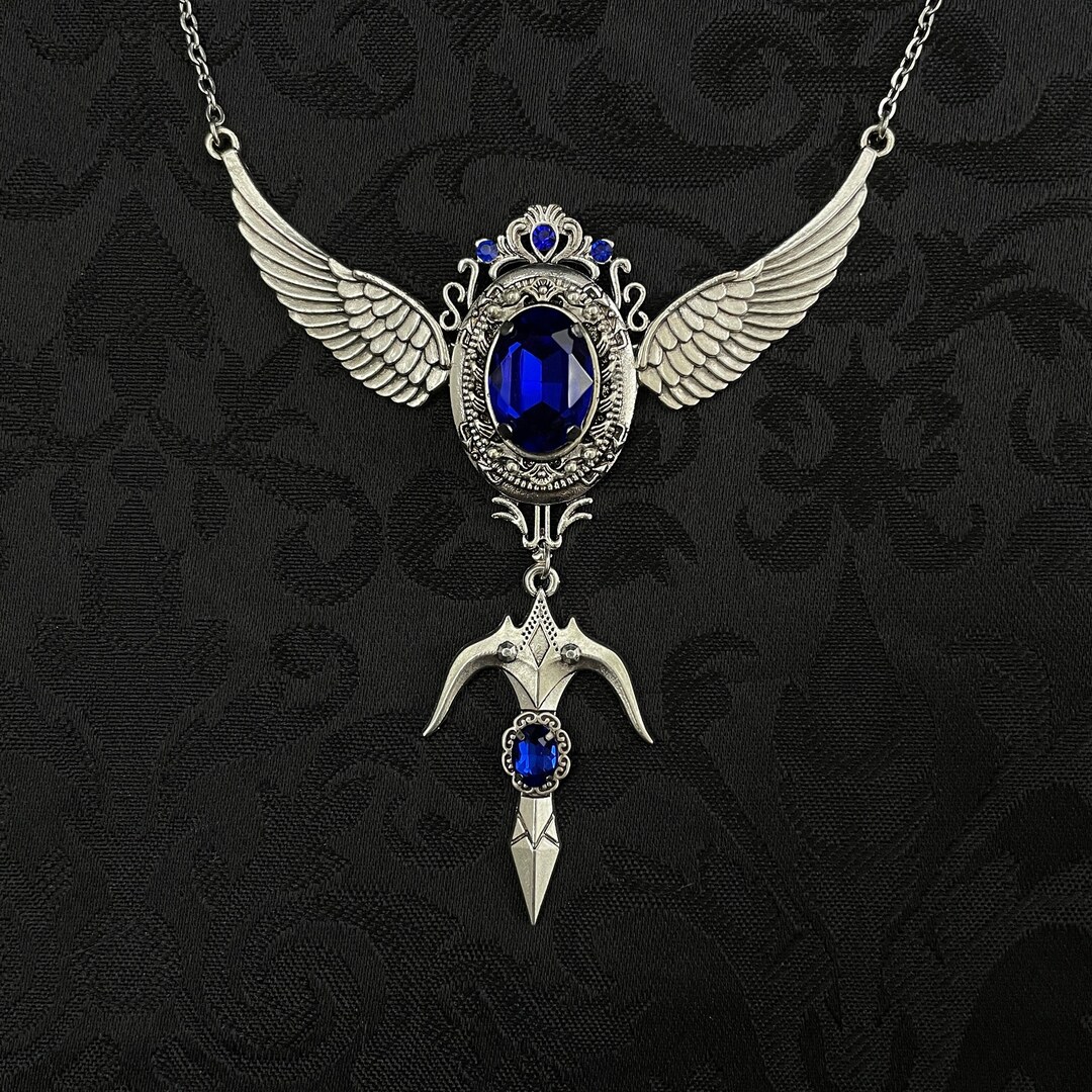 Dark Sapphire Blue Gothic Antique Silver Valkyrie Warrior Goddess Wings ...