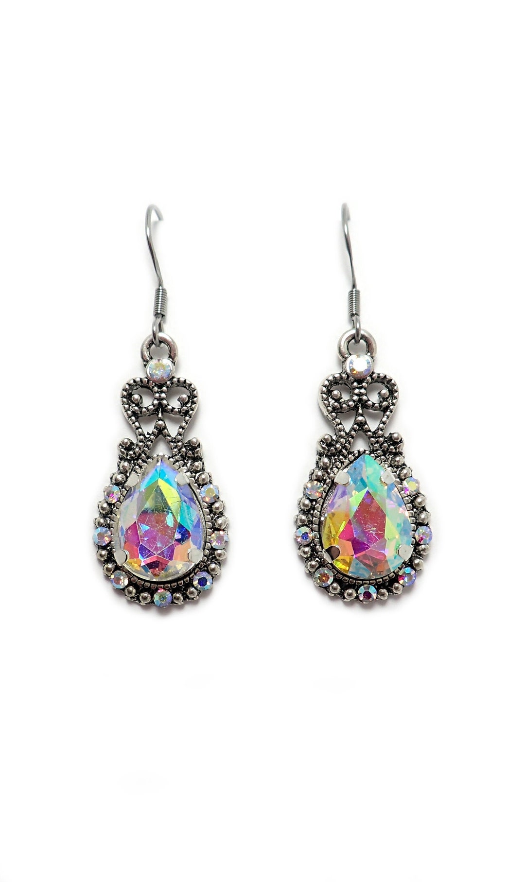 Crystal Clear AB Filigree Flapper 1920's Style Antique Silver Earrings ...