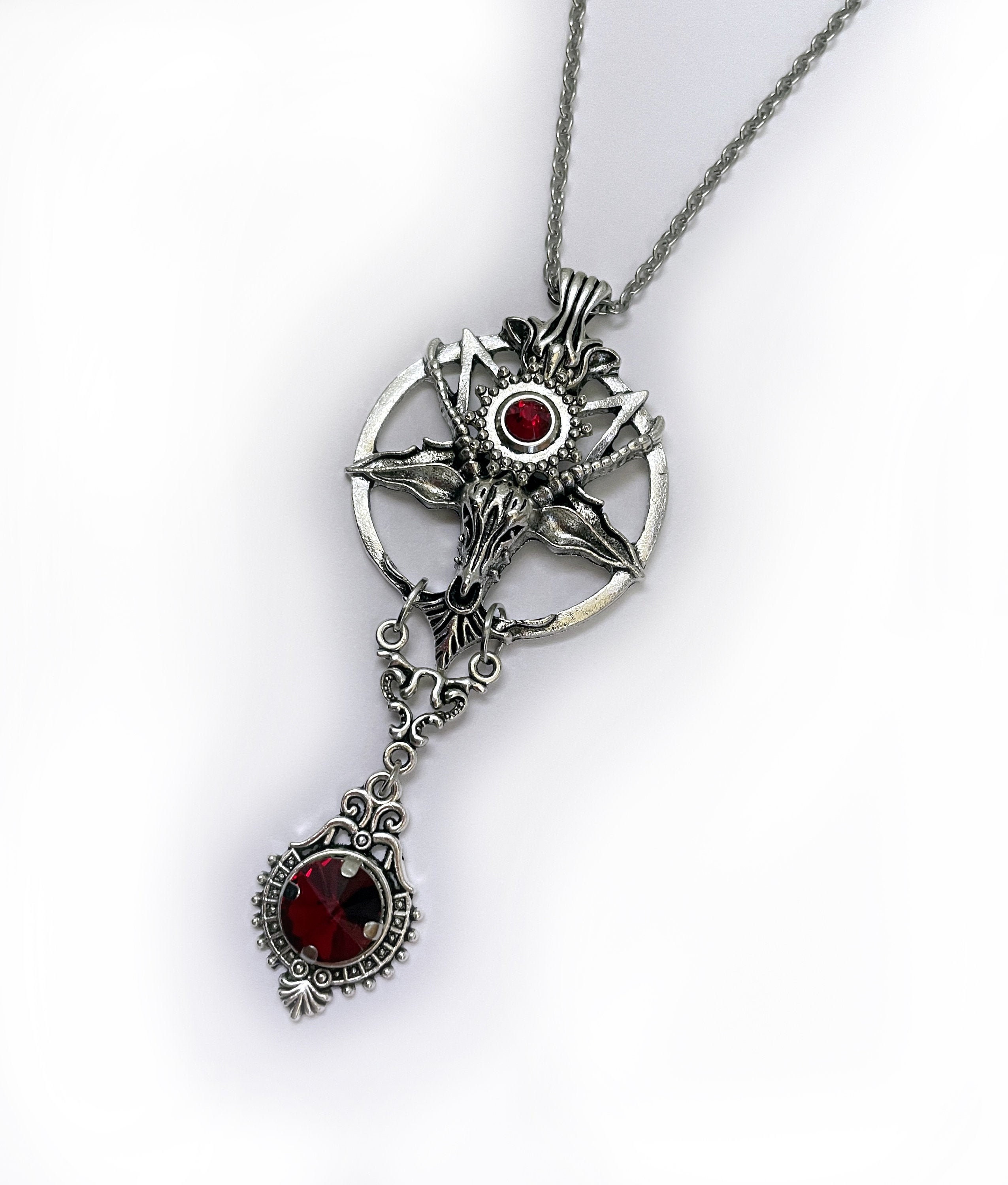 Dark Ruby Red Antique Silver Gothic Filigree Baphomet Sigil Pagan Idol ...