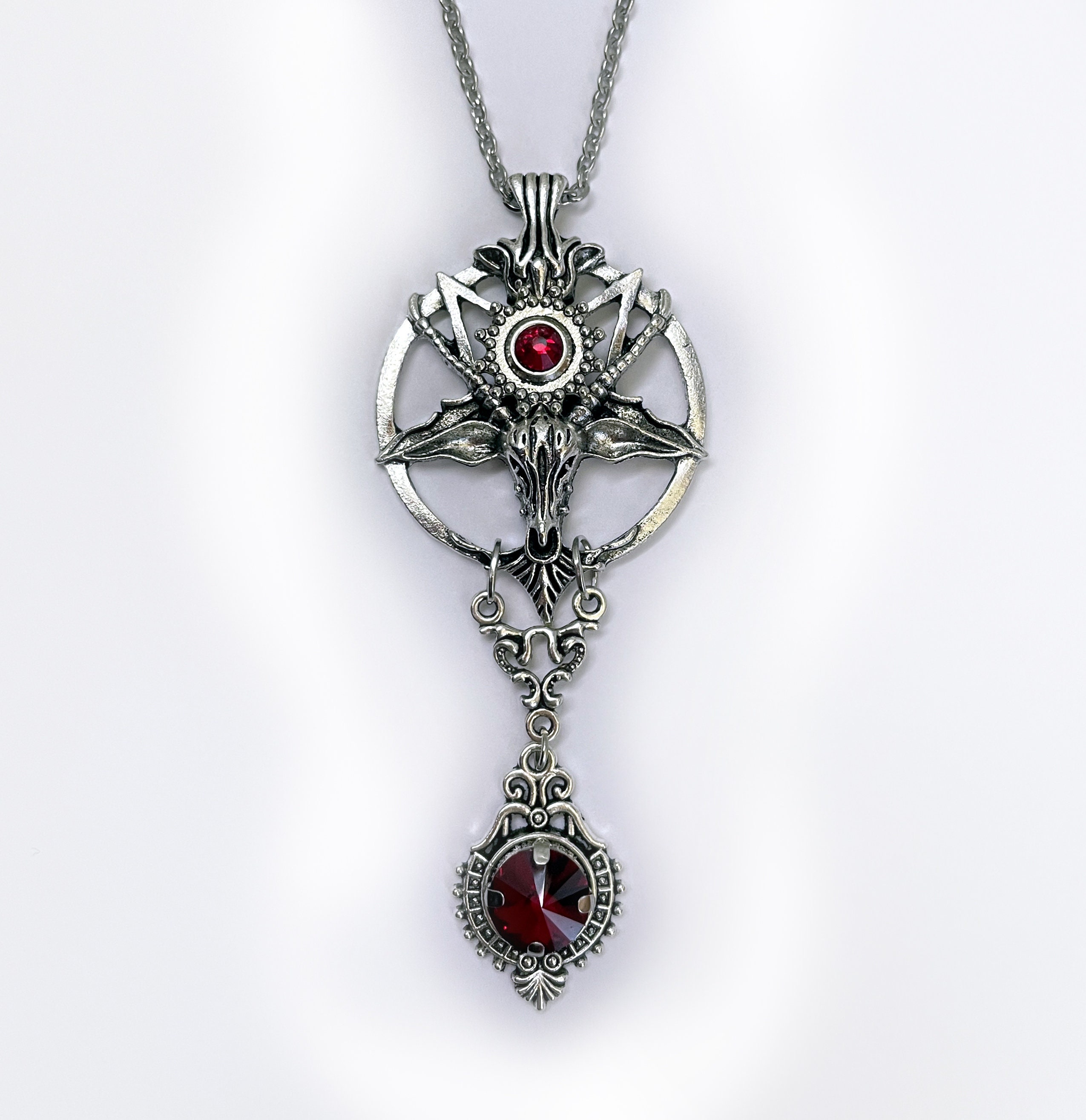 Dark Ruby Red Antique Silver Gothic Filigree Baphomet Sigil Pagan Idol ...